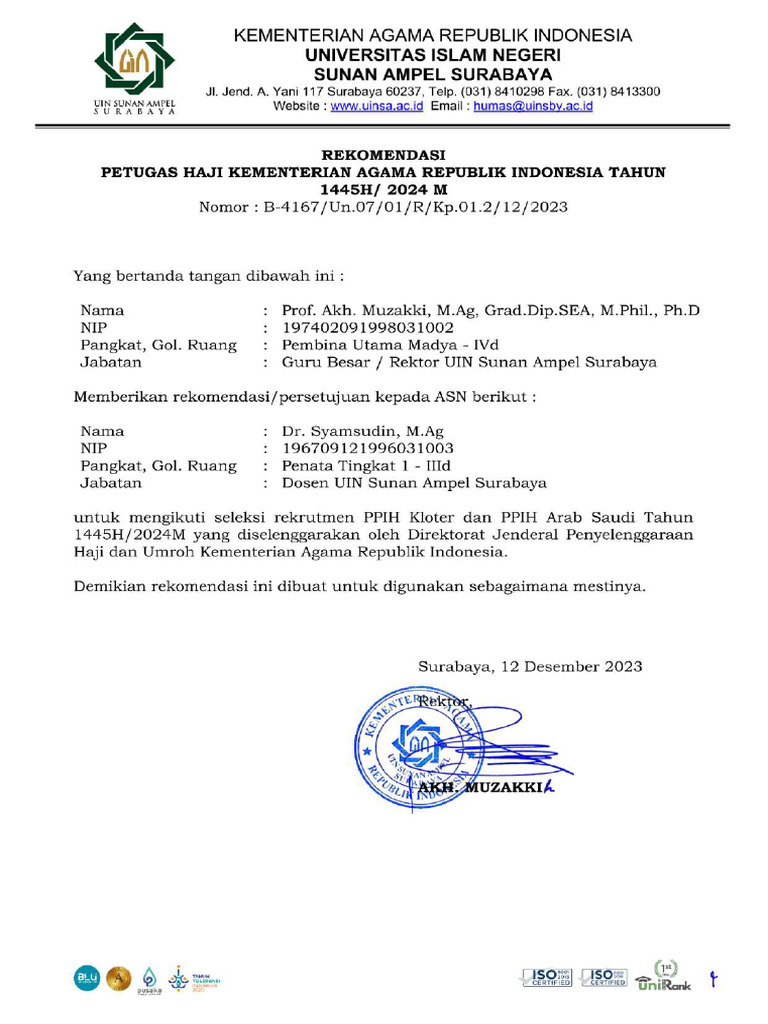 Surat Rekomendasi Rektor | PDF