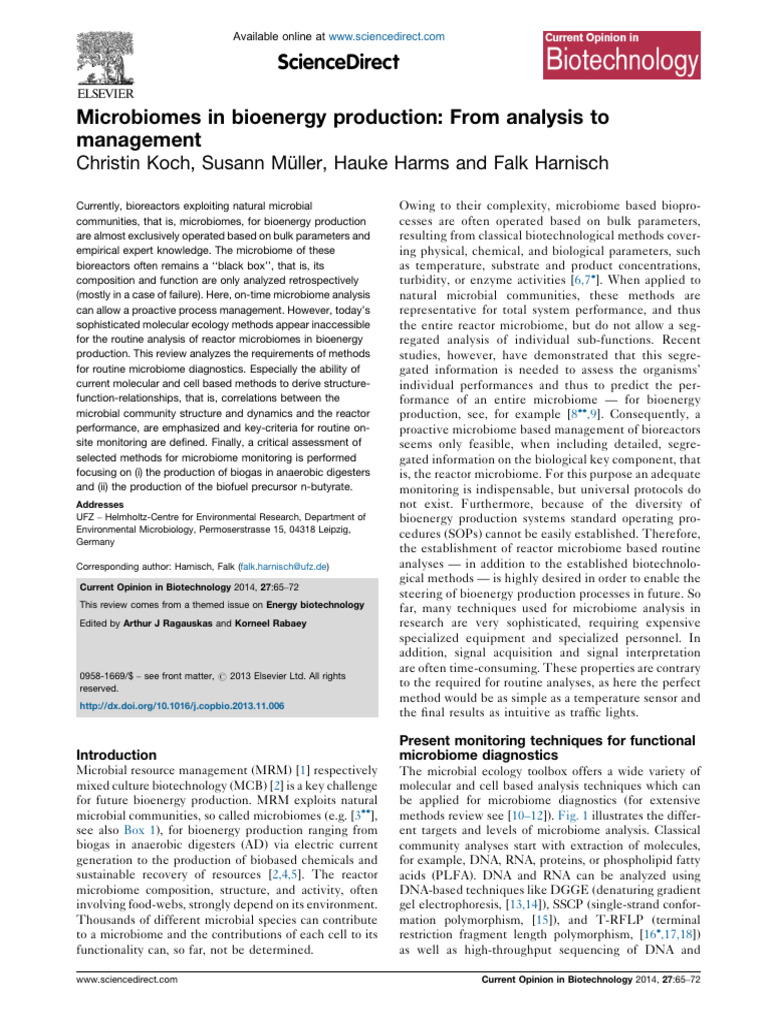 Microbiome Management in Bioenergy Production | PDF | Science & Mathematics