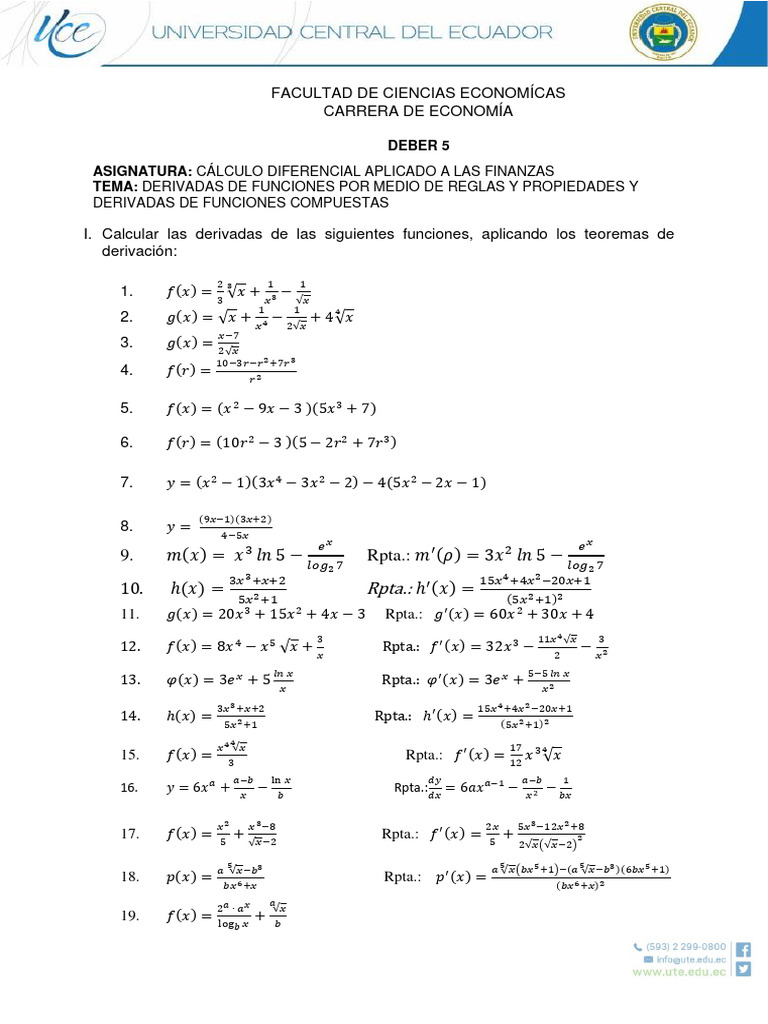 Deber 5. DerivaciÃ N Por Reglas y Derivadas de Funciones Compuestas | PDF