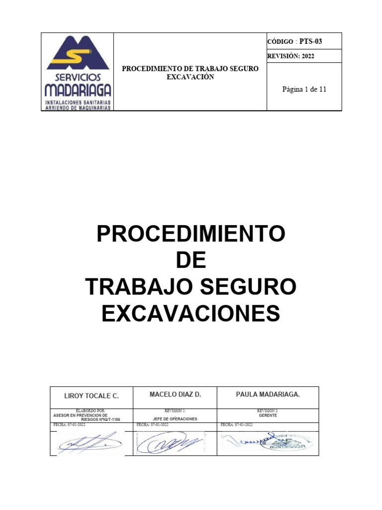 PROCEDIMIENTO DE TRABAJO SEGURO EXCAVACIÓN EXCAVACIONES | PDF