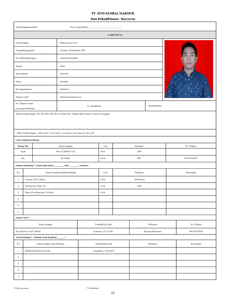 Form Data Pelamar Karyawan SGM | PDF