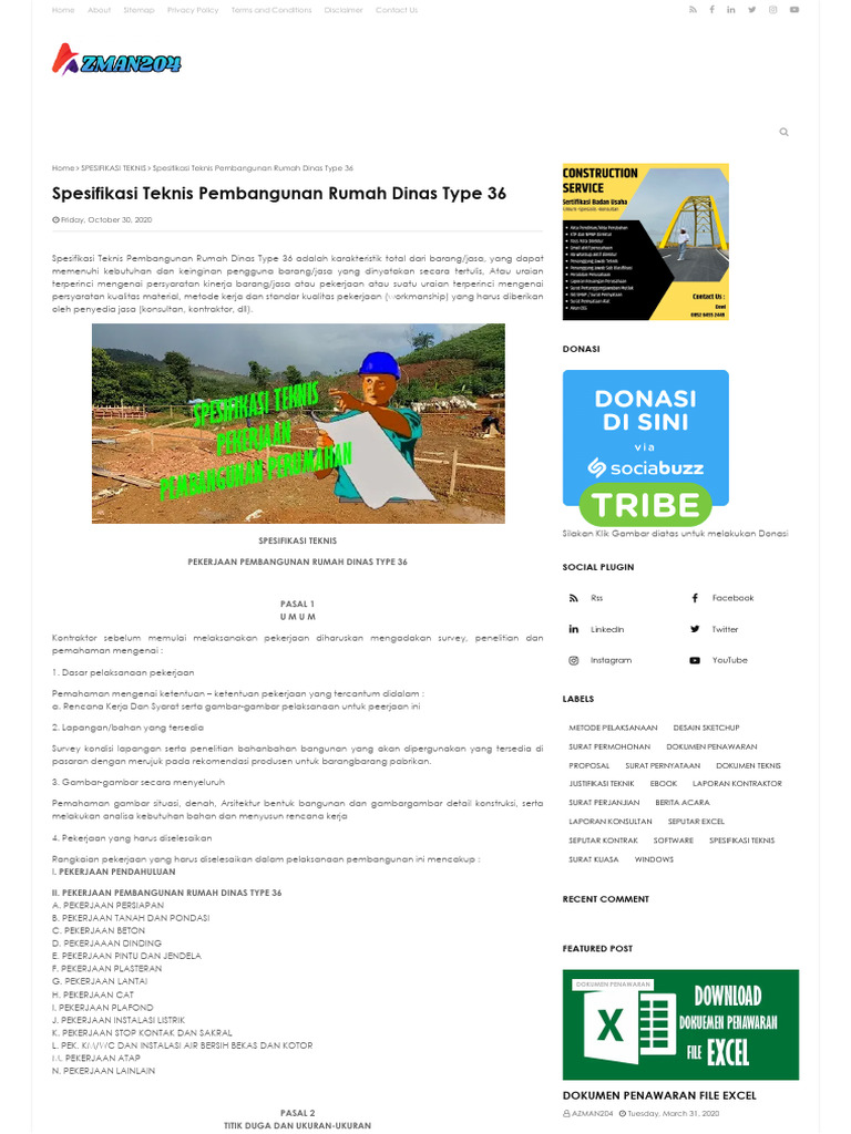 Spesifikasi Teknis Pembangunan Rumah Dinas Type 36 | PDF