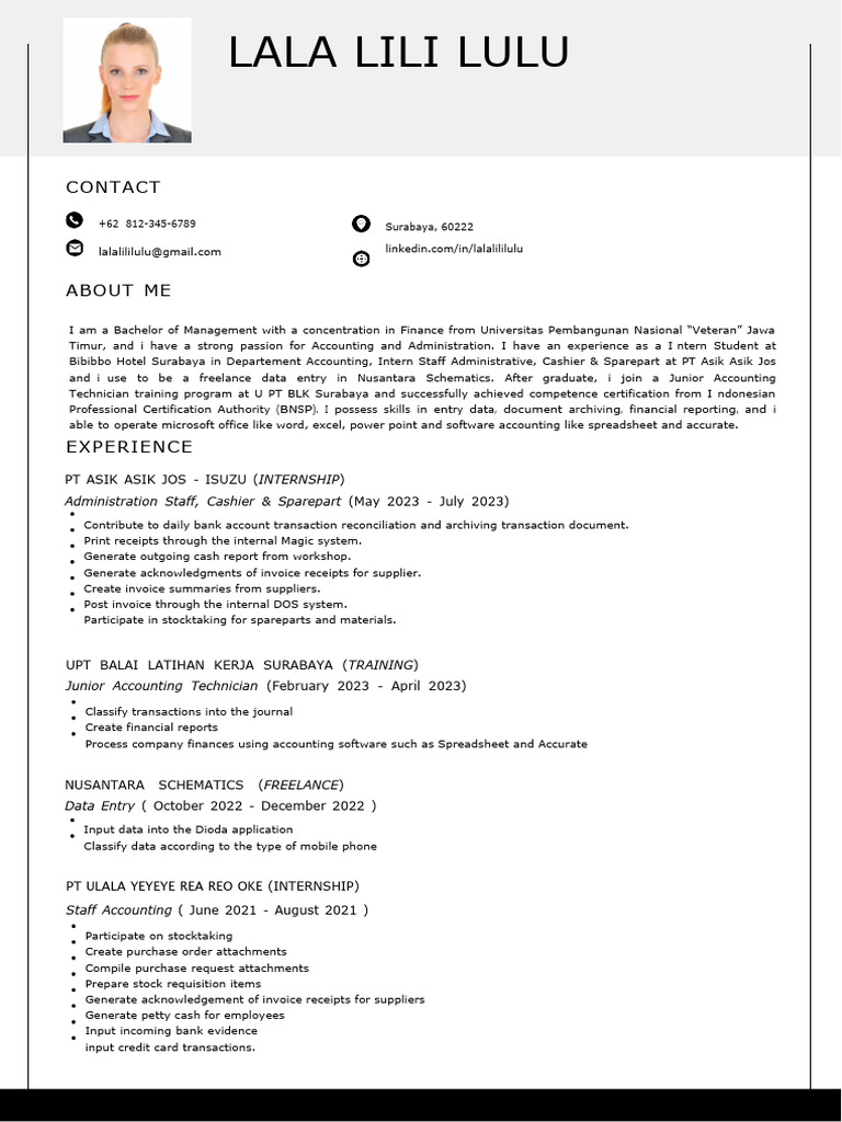 CV Lala Lili Lulu | Download Free PDF | Bookkeeping | Service Industries