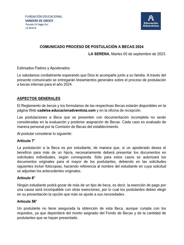 COMUNICADO PROCESO DE POSTULACIÓN A BECAS PARA 2024 | PDF