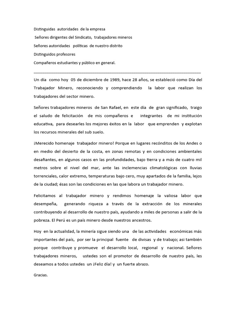 SALUDO Y MENSAJE DIA DEL MINERO 2 017 | PDF