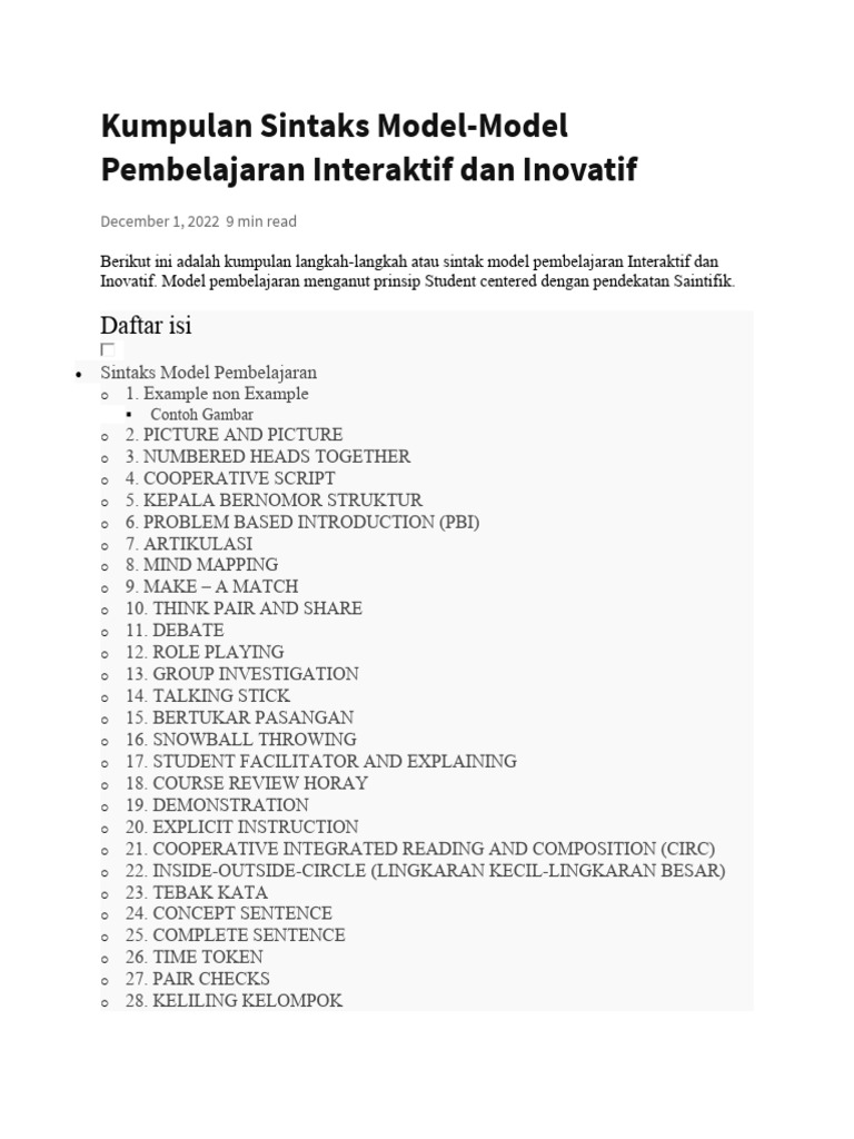 Kumpulan Sintaks Model Pembelajaran Interaktif Dan Inovatif | PDF