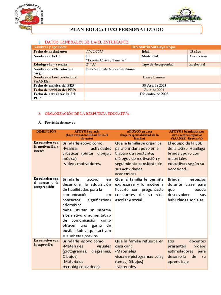 Plan Educativo Personalizado - Lito | PDF
