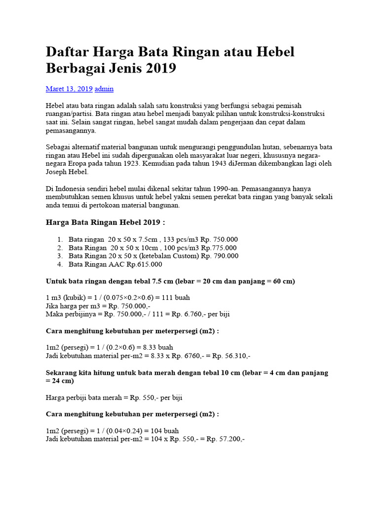 Daftar Harga Bata Ringan Atau Hebel Berbagai Jenis 2019 | PDF