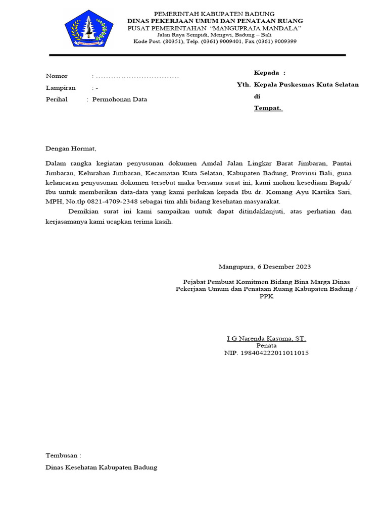 Surat Permohonan Data - Amdal Gabung | PDF