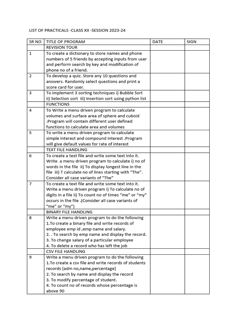 List of Practicals-2023-24 | PDF