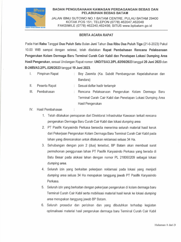 Berita Acara Dumping Area Dredging Kabil | PDF