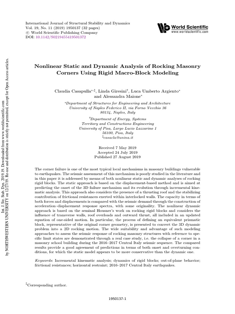 C. Casapulla Et Al., 2019. Nonlinear Static and Dynamic Analysis of Rocking Masonry Corners ...