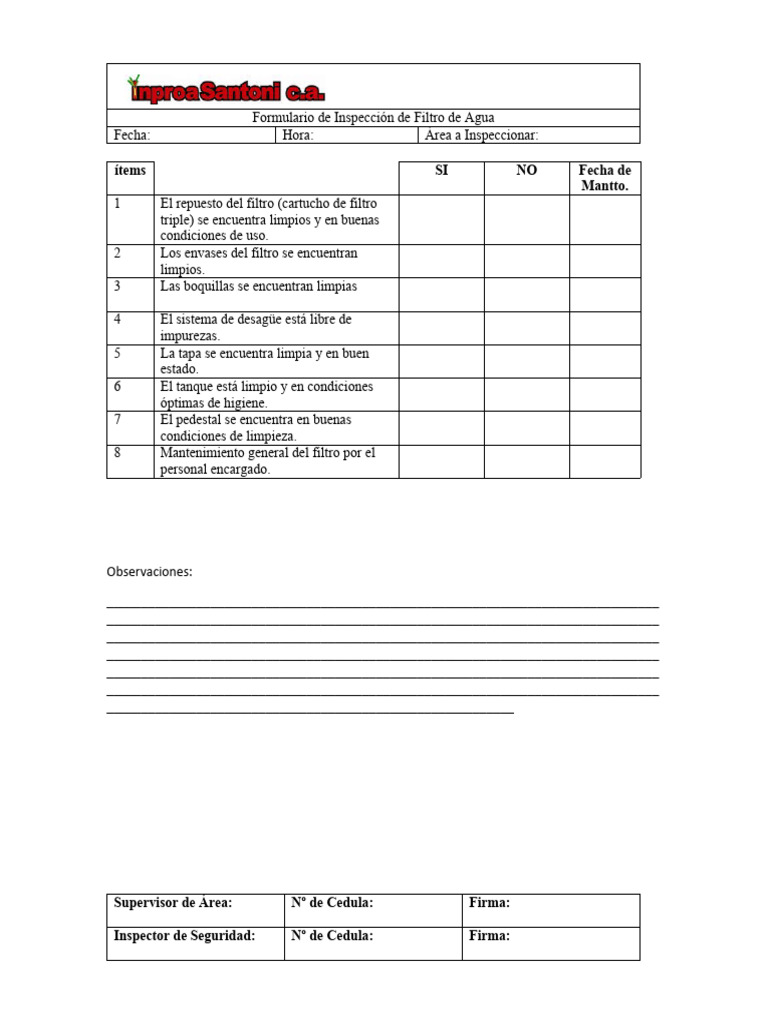 Anexo 4. Formulario de Inspección Filtro de Agua | PDF Anexo 4. Formulario de Inspección Filtro de Agua | PDF