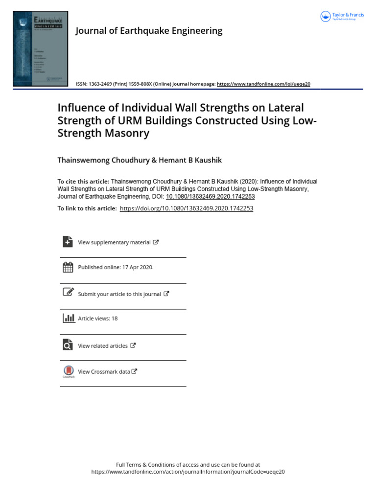 Influence of Individual Wall Strengths On Lateral Strength of URM Buildings Constructed Using ...
