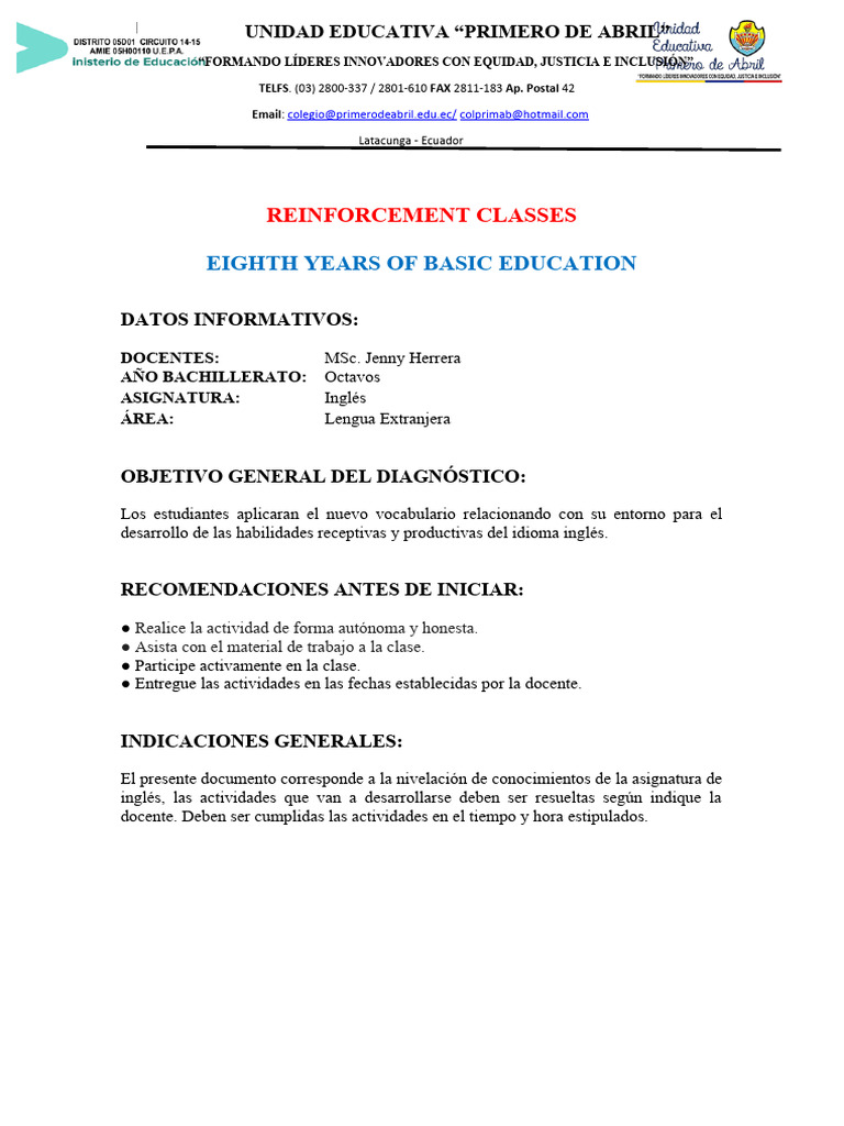 English Reinforcement Classes - Eighth Years | PDF