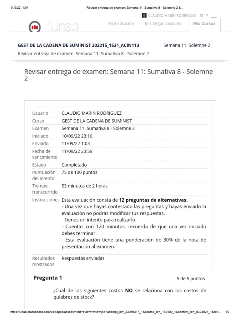 Revisar Entrega de Examen - Semana 11 - Sumativa 8 - Solemne 2 &.. - Mia | PDF