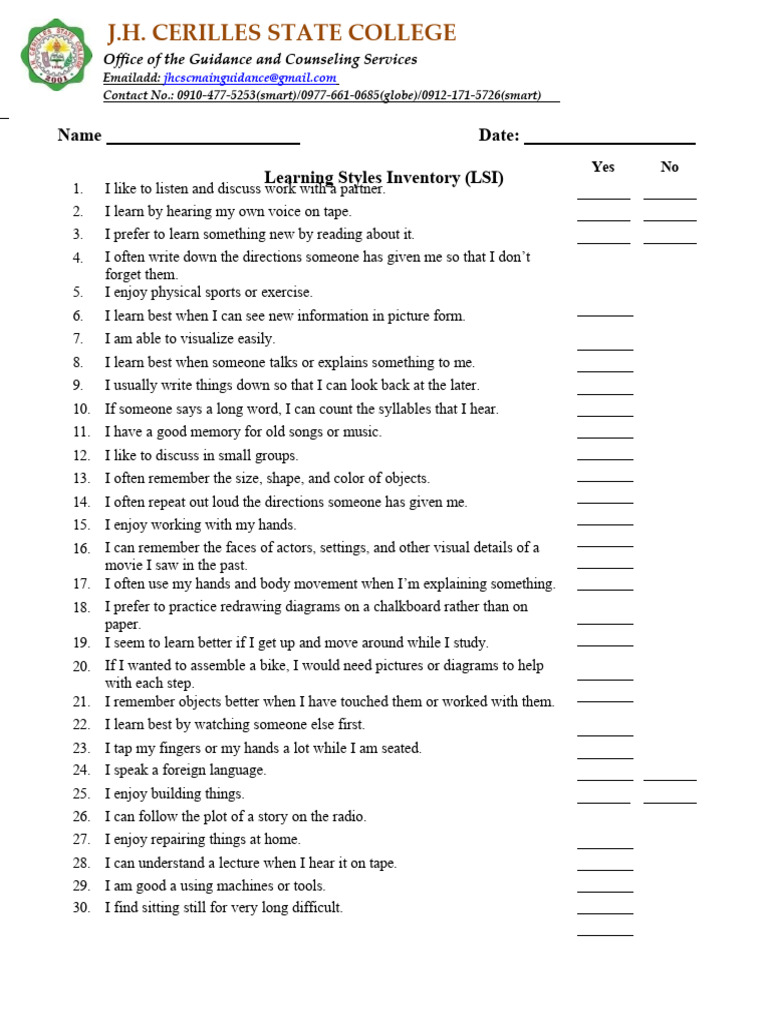 Learning Styles Assessment Guide | PDF | Science & Mathematics
