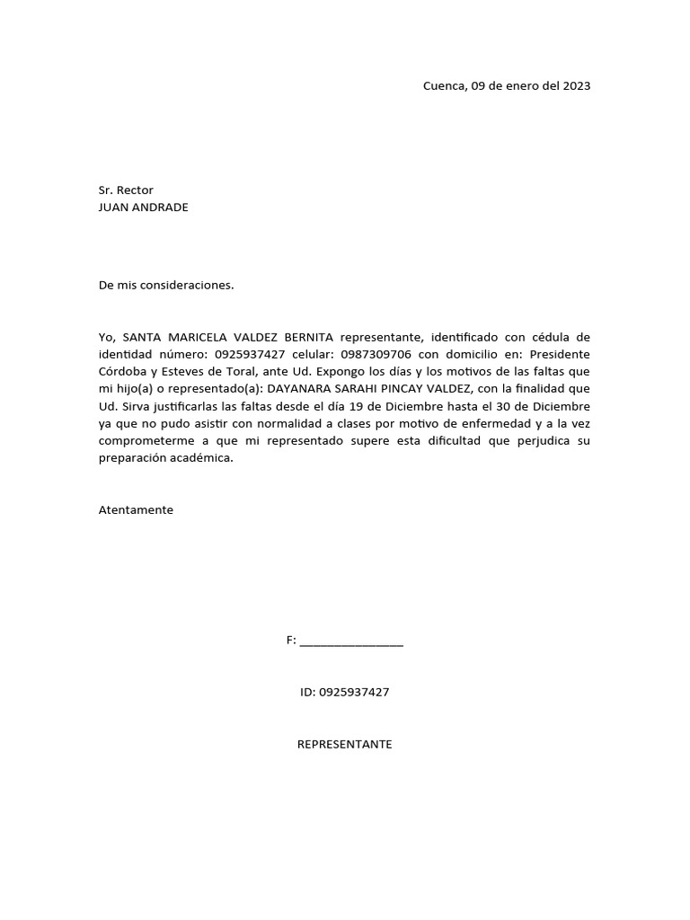 Modelo de Carta para Justificar Faltas en El Colegio | PDF