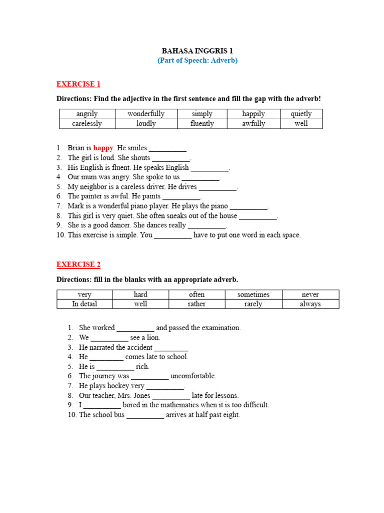 Bahasa Inggris 1 (Exercise of Adverb) | PDF