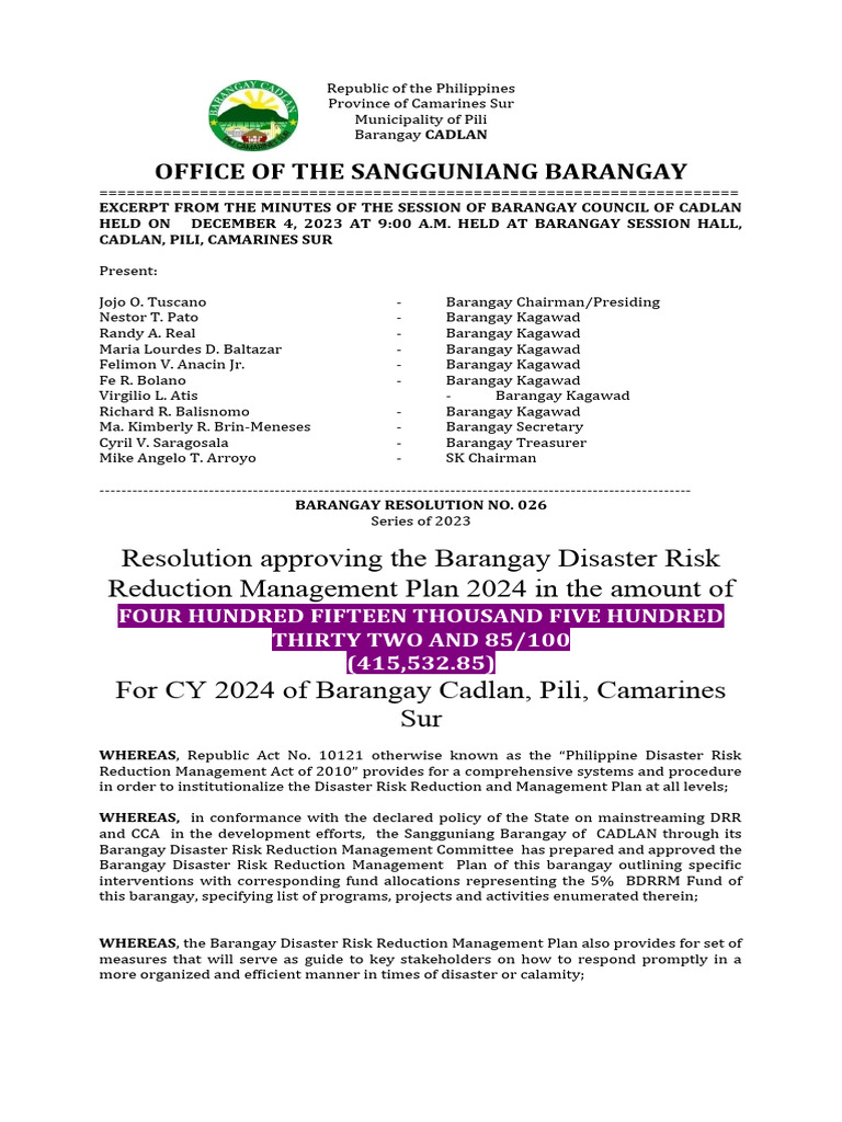Resolution No. 026 - BDRRM 2024 | PDF | Emergency Management | Public ...