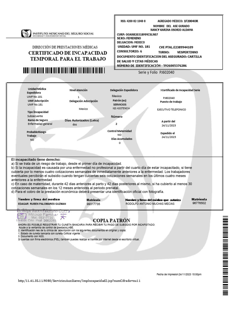 Certificado de Incapacidad IMSS | PDF