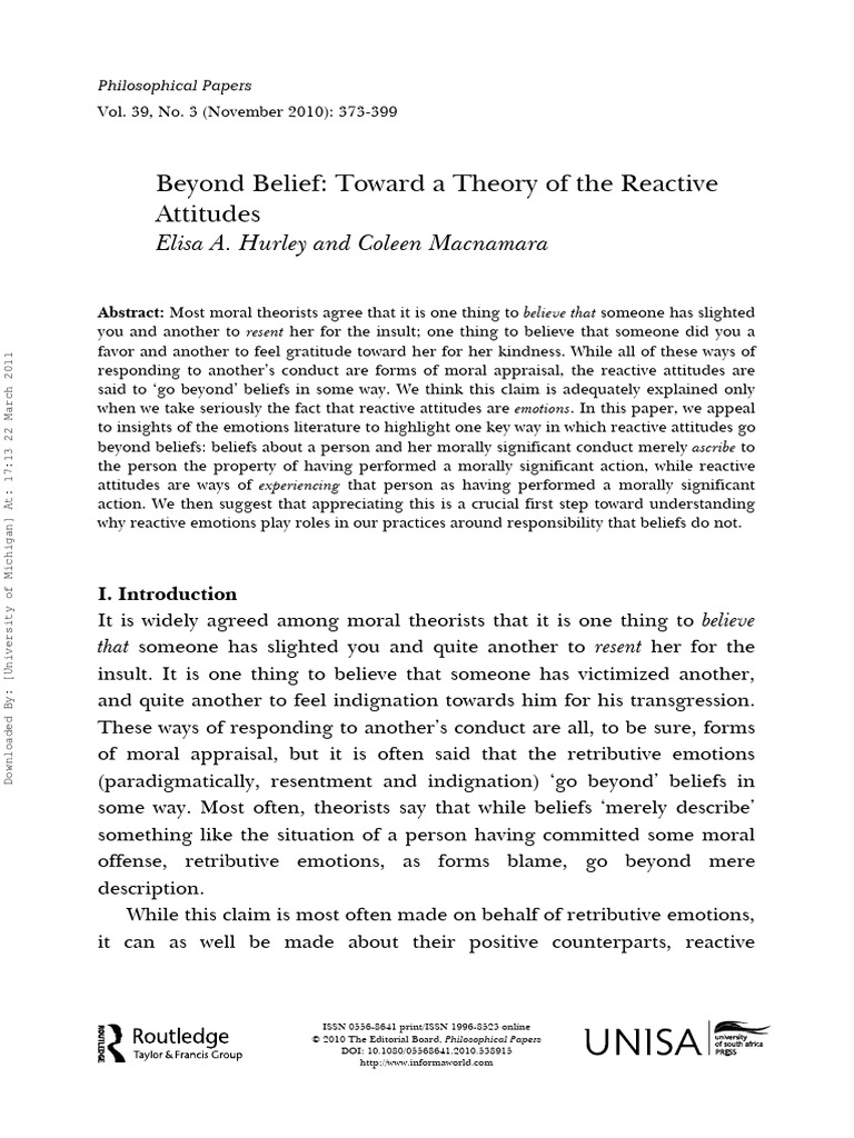 Beyond Belief - Toward A Theory of The Reactive Attitudes | PDF ...