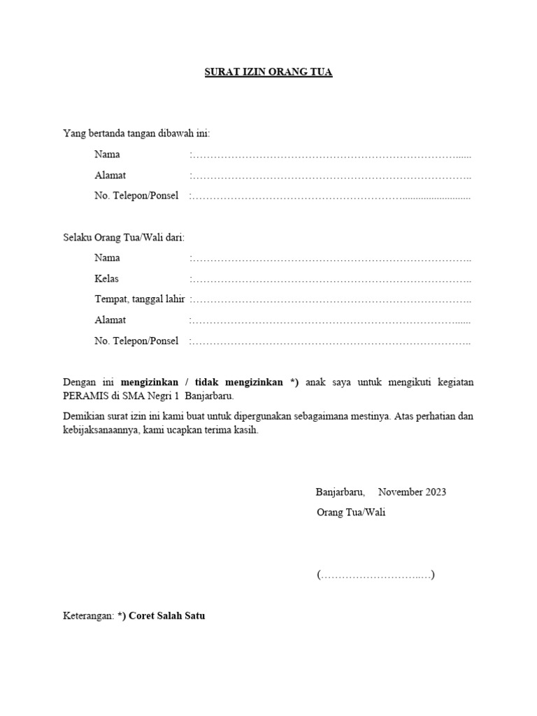 Surat Izin Orang Tua (Pramuka) | PDF Surat Izin Orang Tua (Pramuka) | PDF
