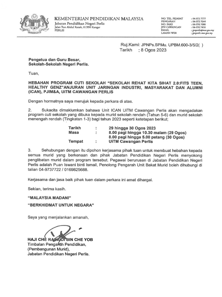 Surat Program Cuti Sekolah-Uitm Cawangan Perlis (Hebahan) | PDF