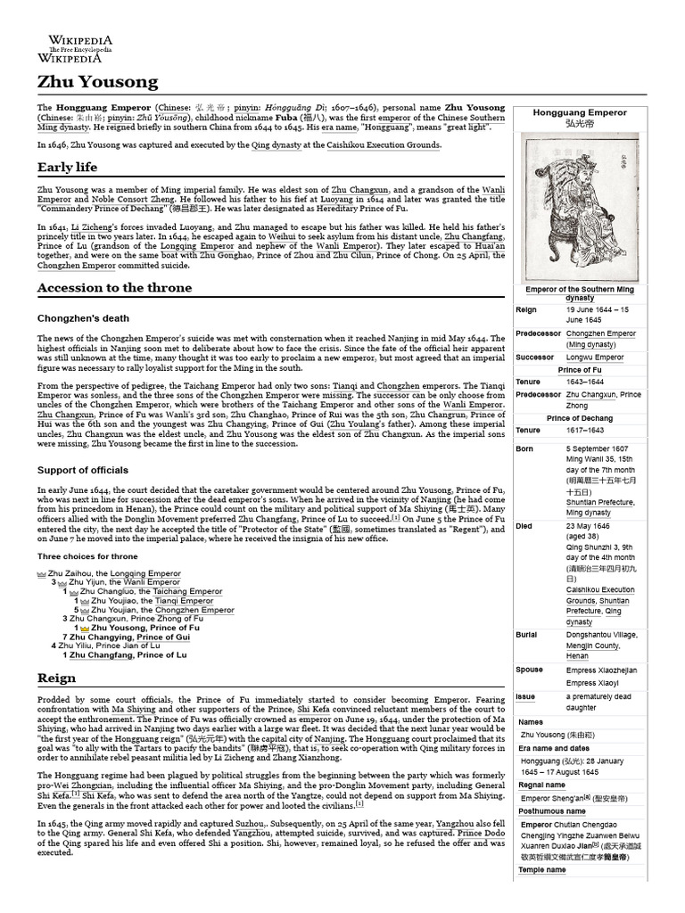 Zhu Yousong Southern Ming Fu Wang Pdf China World Politics