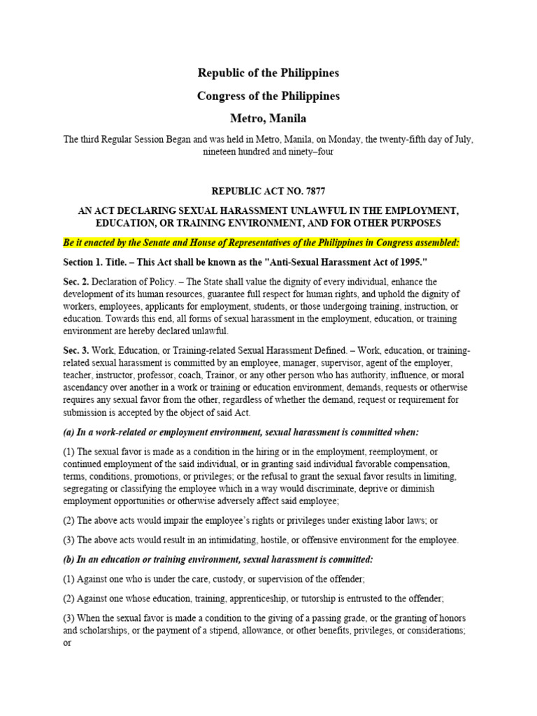 Anti Sexual Harassment RA 7877 Series of 1995 | PDF | Sexual Harassment ...