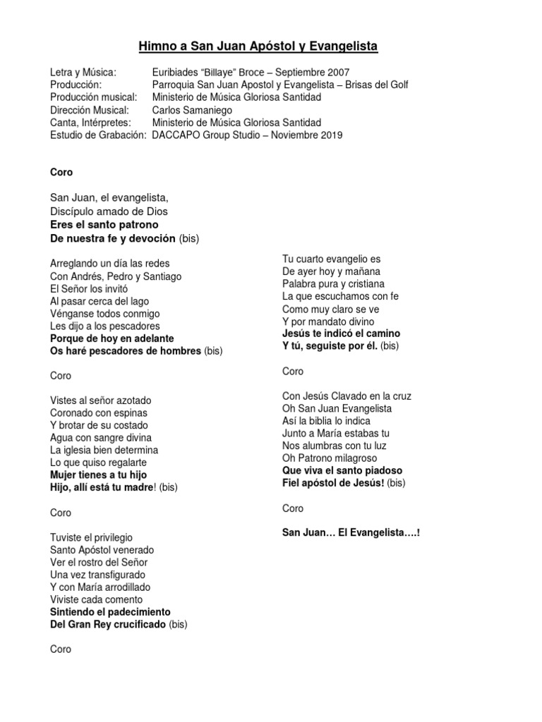 Himno A San Juan Apostol y Evangelista Letra | PDF