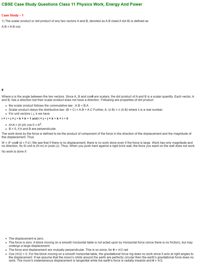 Case Study Questions Class 11 Physics - Work, Energy and Power | PDF ...