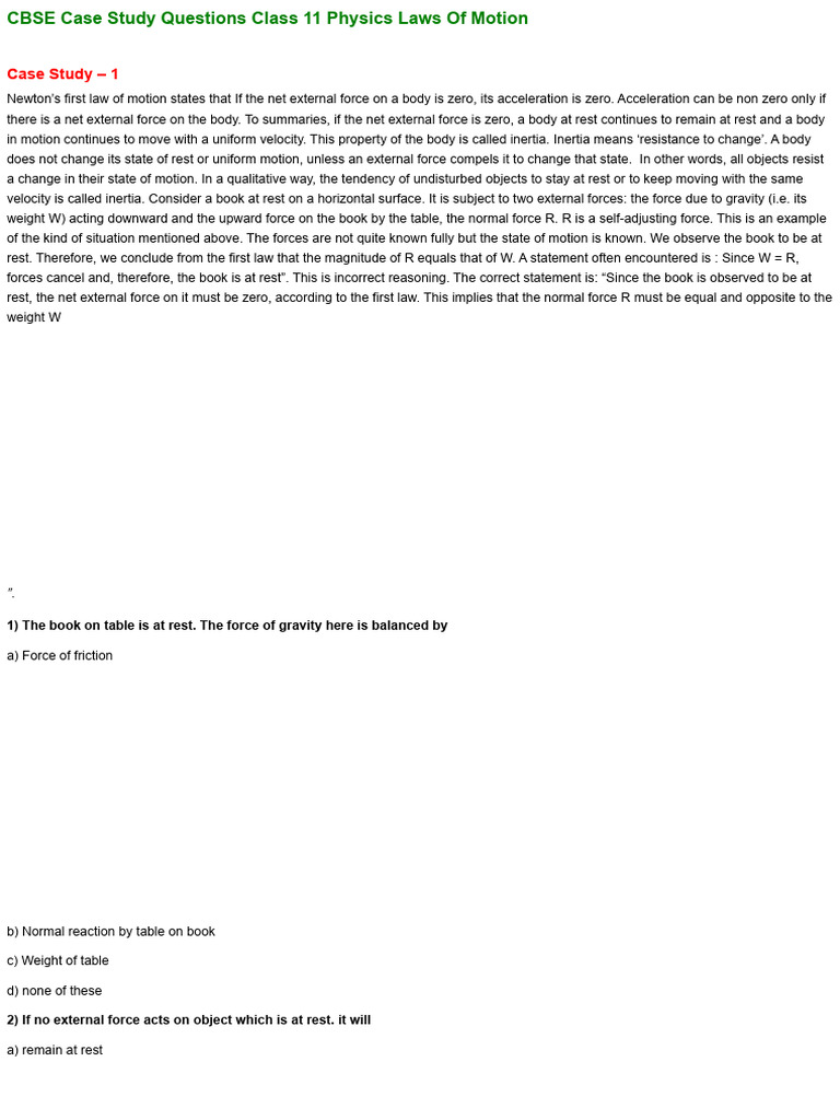 Case Study Questions Class 11 Physics – Laws of Motion | PDF | Force ...