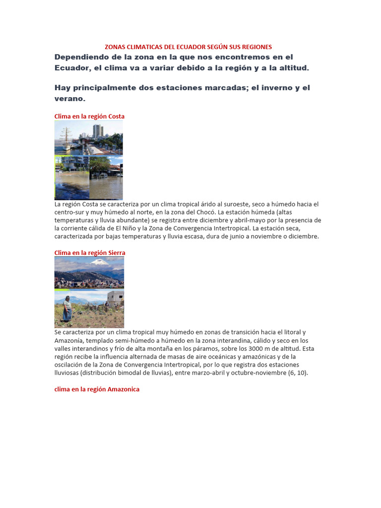 ZONAS CLIMATICAS DEL ECUADOR SEGÚN SUS REGIONES | PDF