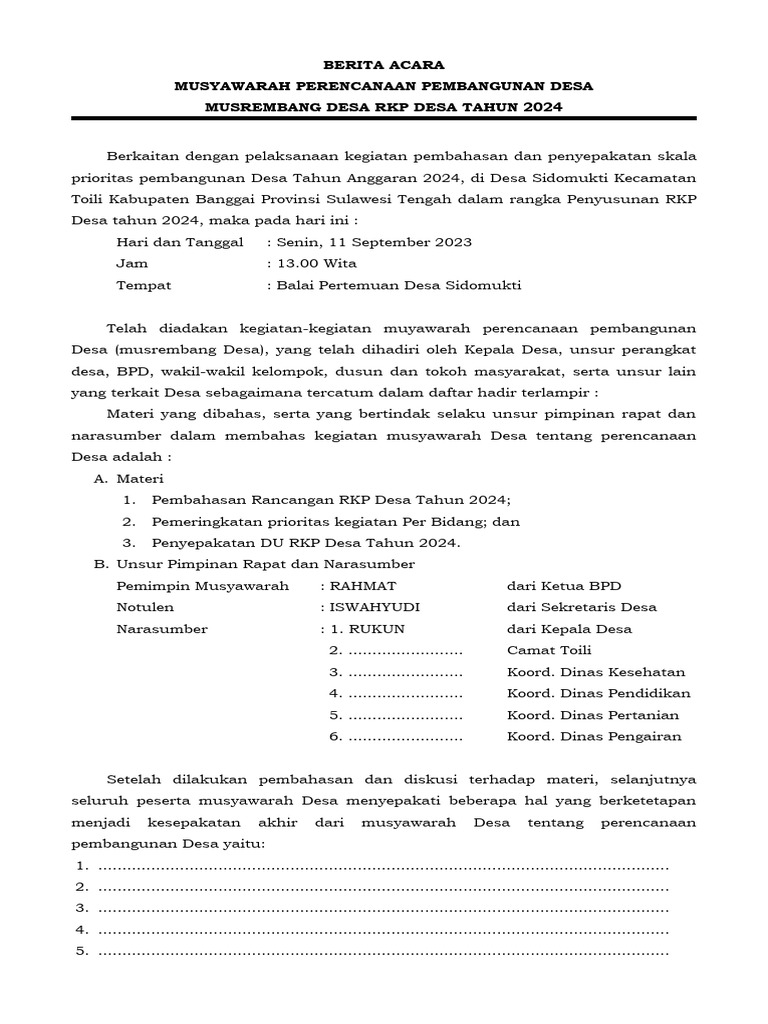 Berita Acara Musyawarah Perencanaan Pembangunan Desa Musrembang Desa RKP Desa Tahun 2022 | PDF