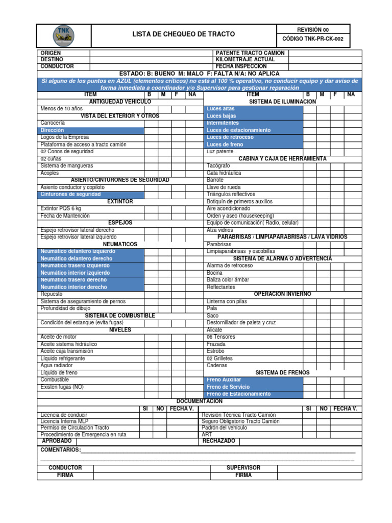 Check List Tracto | PDF | Camión | Neumático