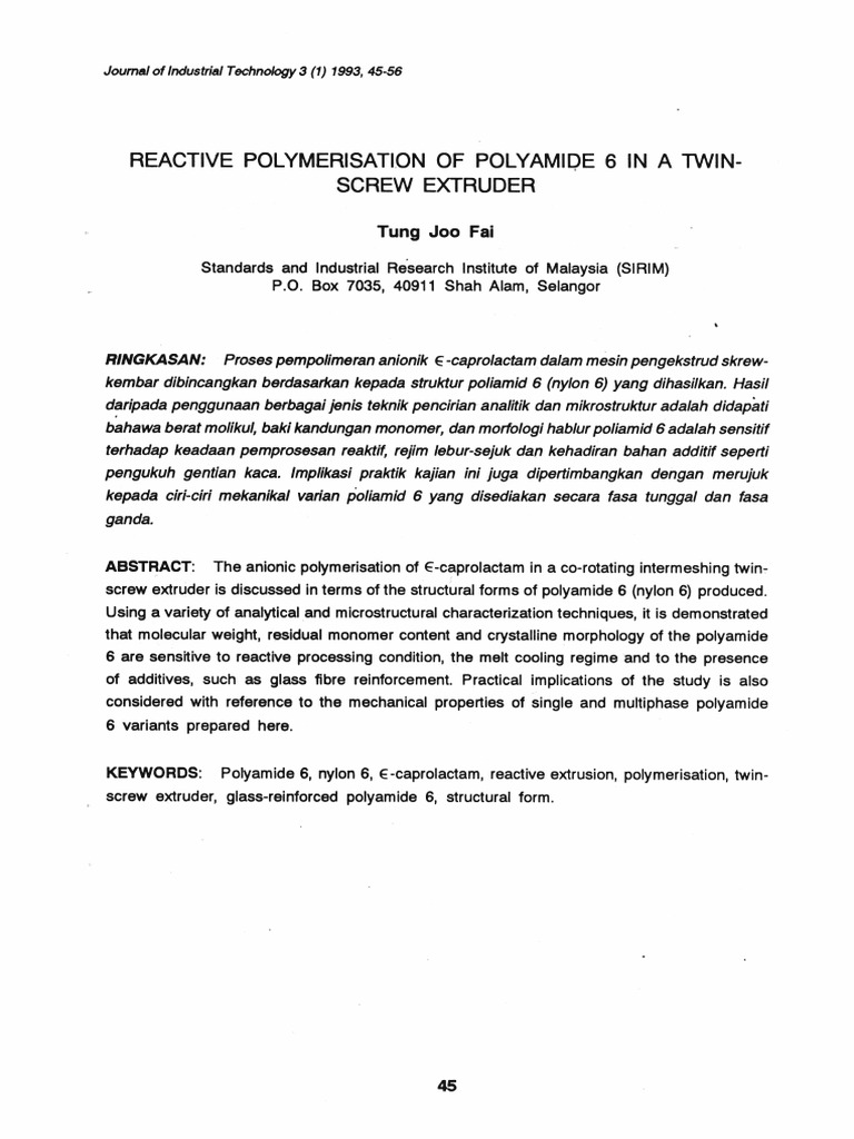 Reactive Polymerisation of Polyamide 6 in A Twinscrew Extruder | PDF
