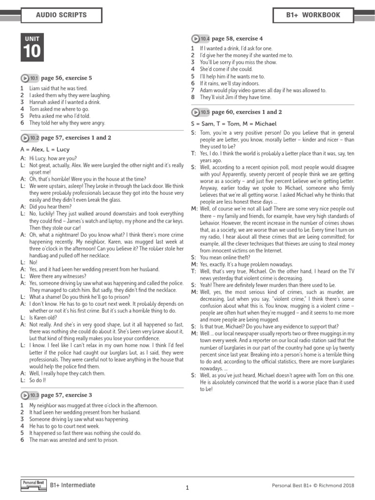 PB AmE B1 WB Audioscript U10 | PDF