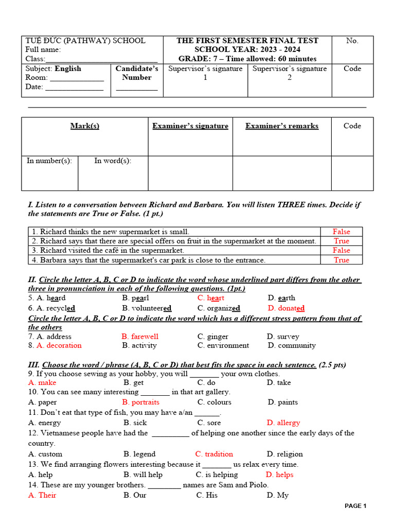 Answer Key - NTĐ - 07 - CK1 - 2324 | PDF