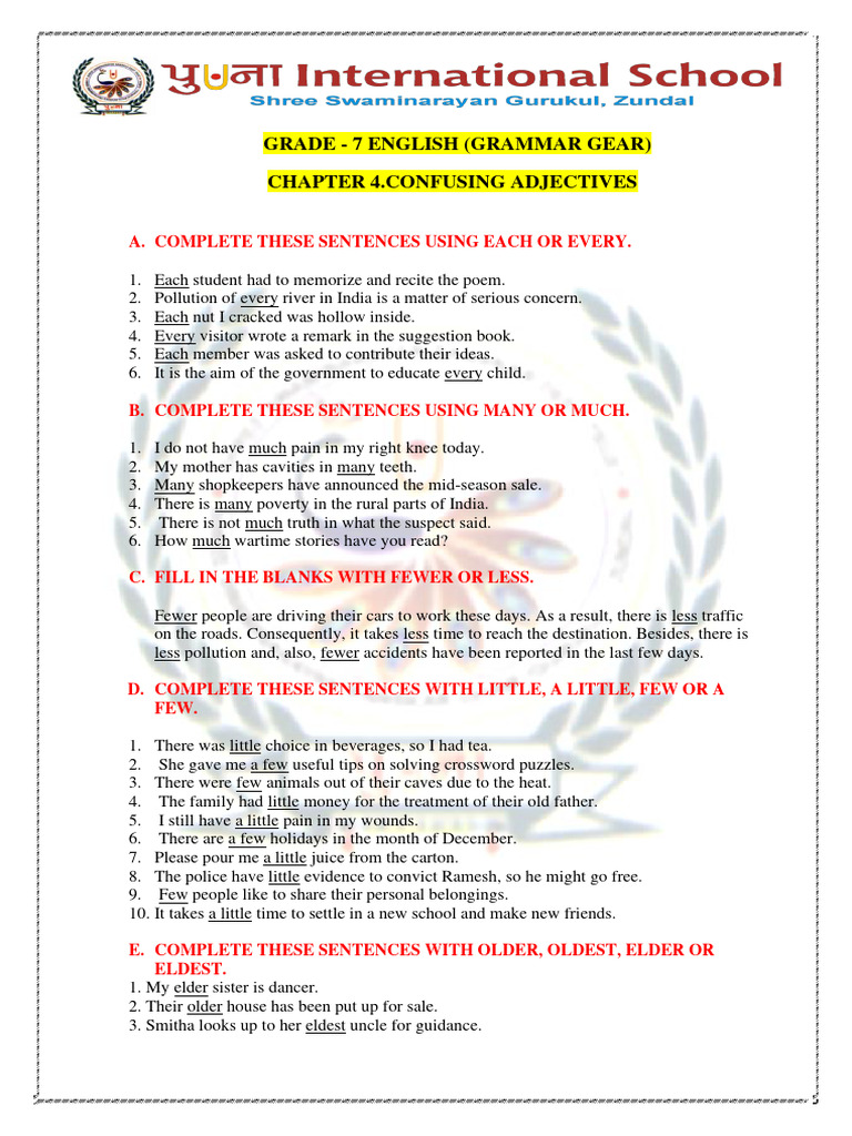Shalini Grade 7 Eng (GR) Ch-4. Confusing Adjectives Sample | PDF