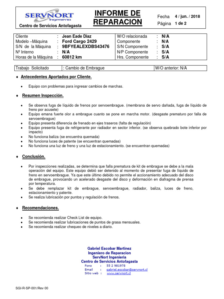 Informe De Reparacion Ford Cargo 2429 Pdf Ingeniería Mecánica
