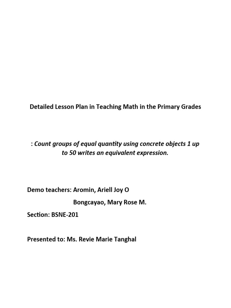 Lesson Plan In Teaching Math In The Primary Grades PDF Teachers