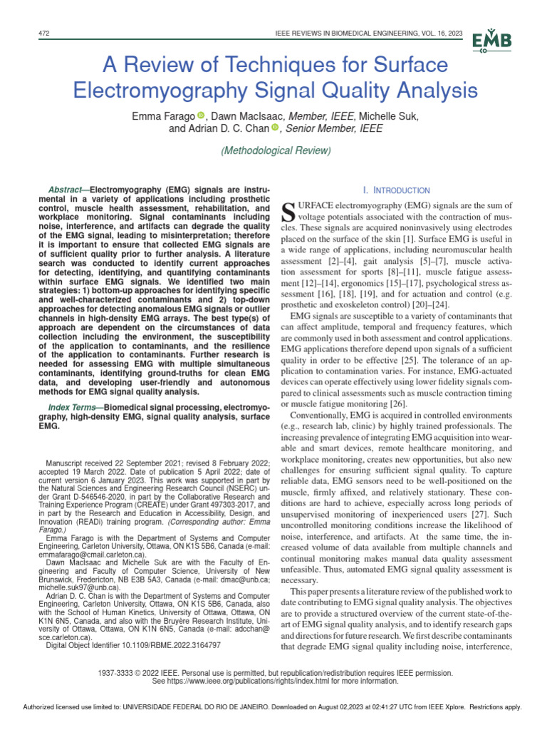 A Review of Techniques For Surface Electromyography Signal Quality ... A Review of Techniques For Surface Electromyography Signal Quality ...