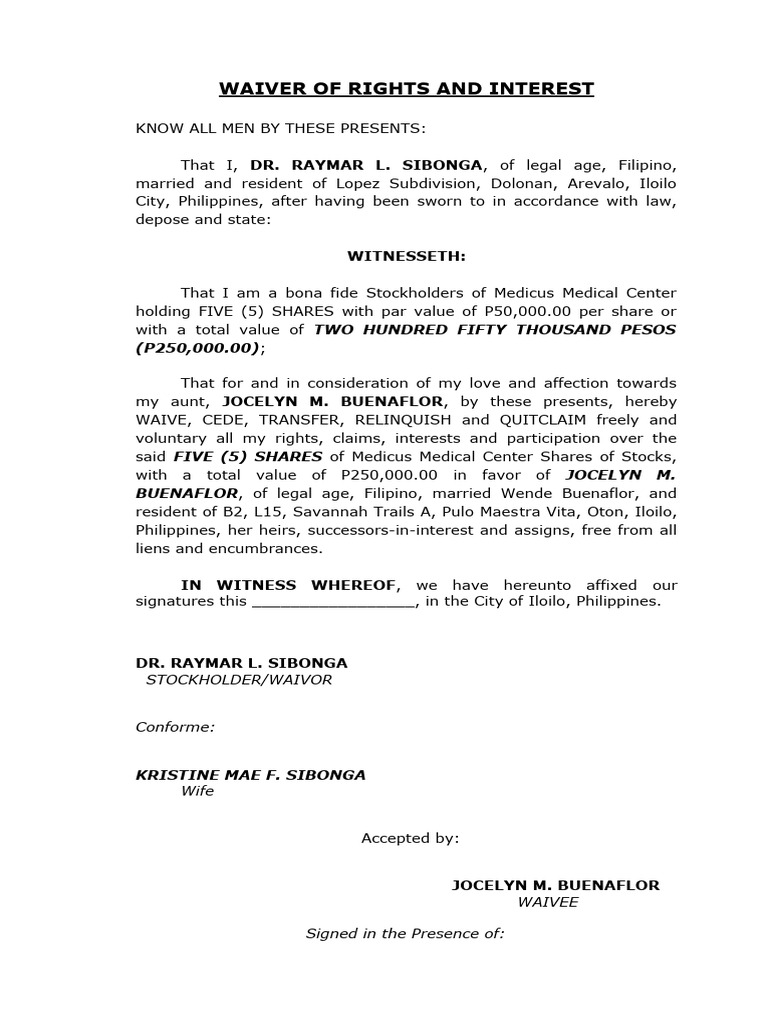Waiver of Rights and Interest-Shares of Stock | Download Free PDF ...