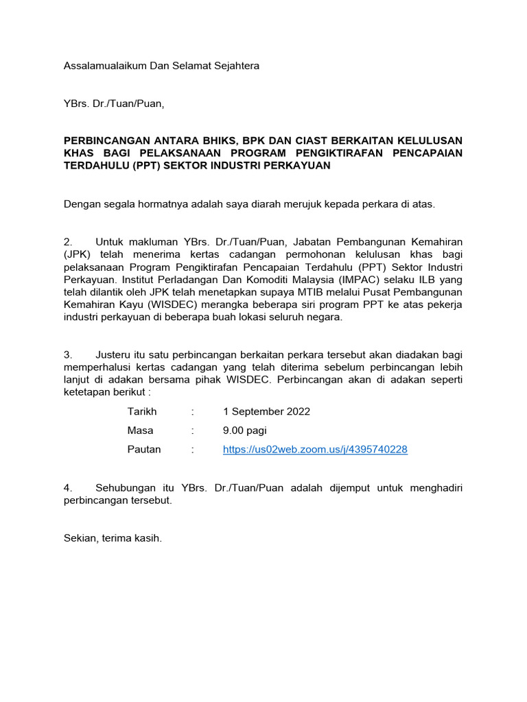 Template Surat Kelulusan Khas PPT Bidang Perkayuan | PDF