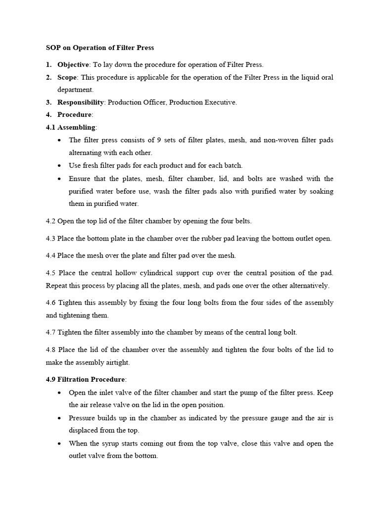 SOP On Operation Filter Press | PDF