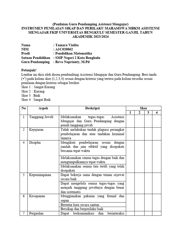 Instrumen Penilaian Sikap Guru Pendamping | PDF