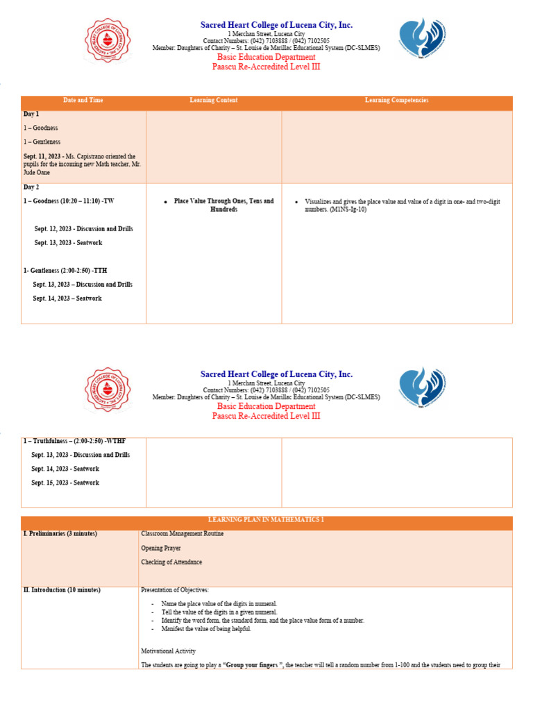 Math 1 Weekly Learning Plan Pdf Human Communication Behavior
