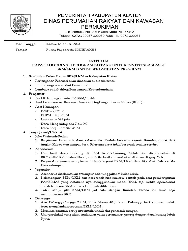 Rakor Program KOTAKU Untuk Inventarisasi Aset BKM Dan Keberlanjutan Program | PDF