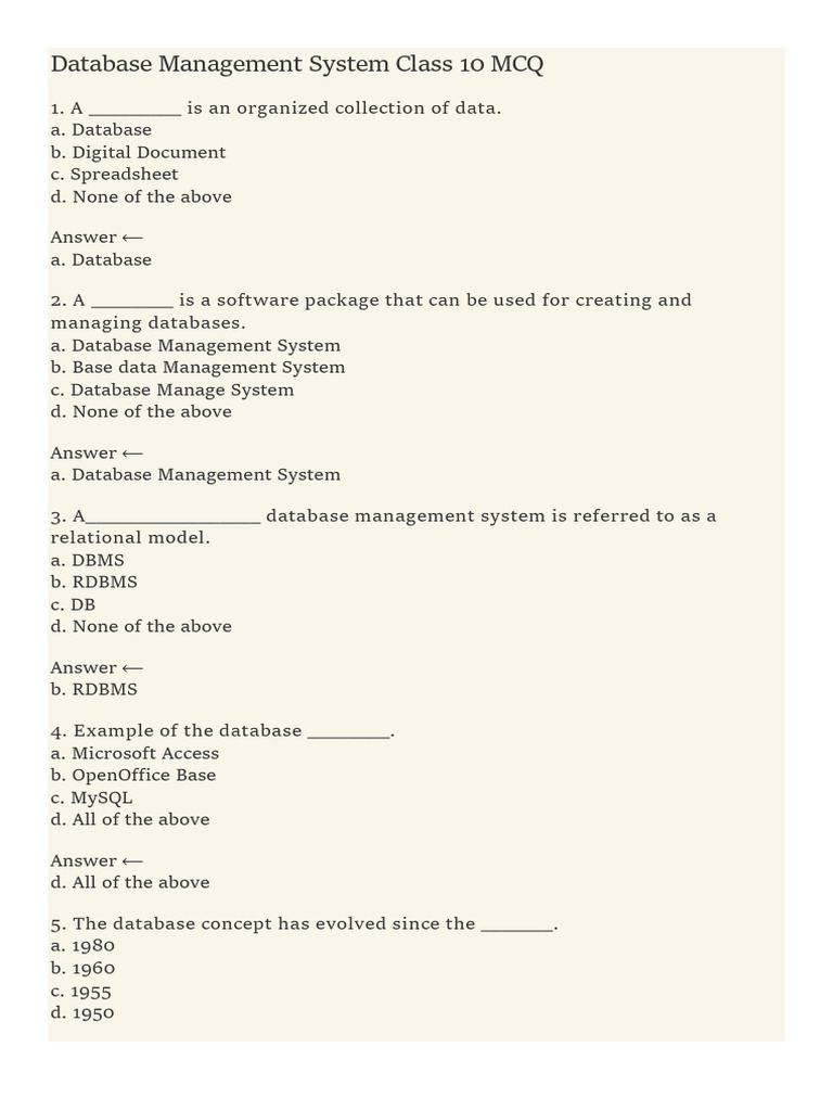 Database Management System Class 10 Question Bank | Download Free PDF ...